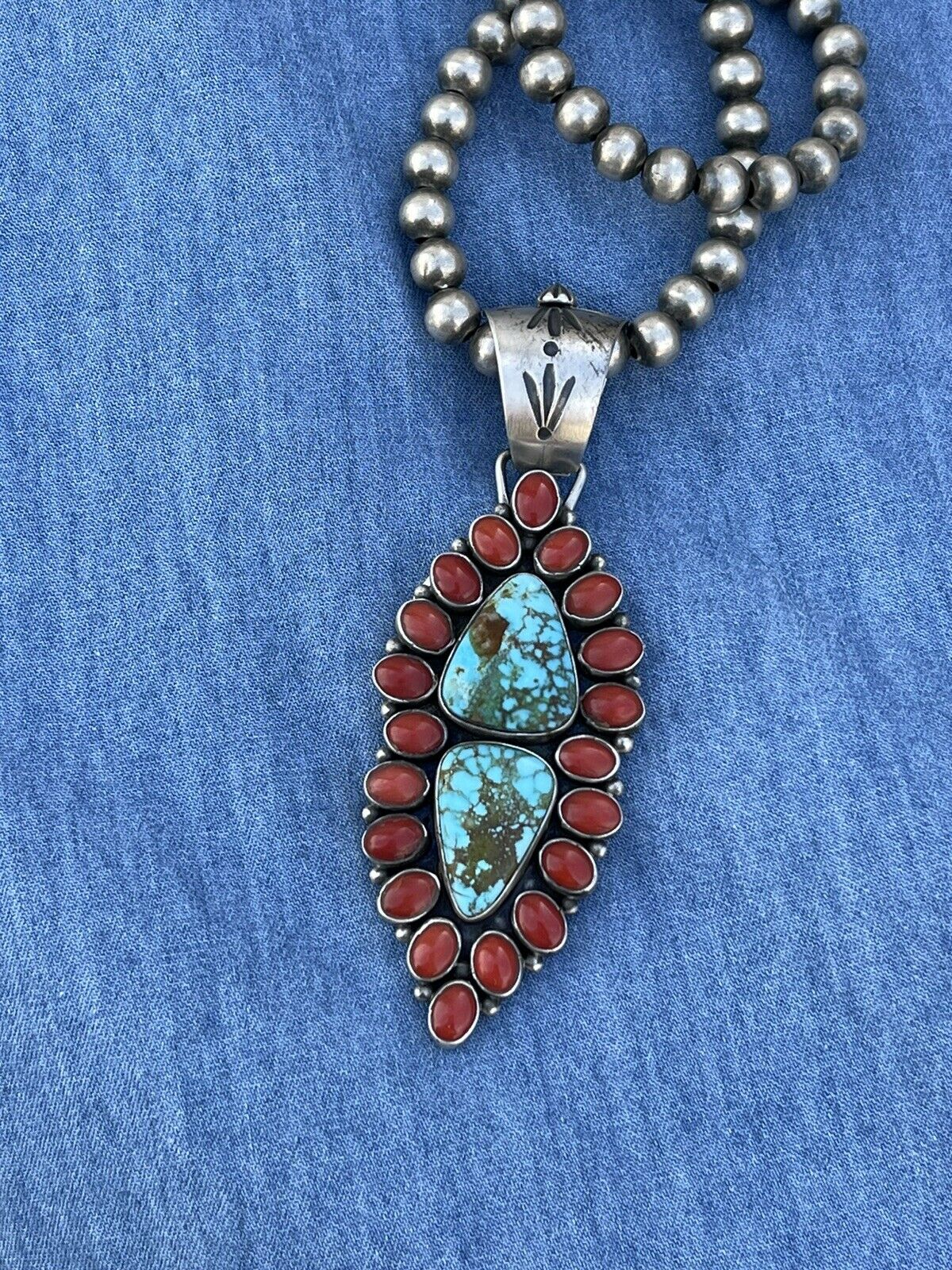 Navajo Sterling 2 Stone Kingman Web Turquoise & Red Coral Taos Pendant ...