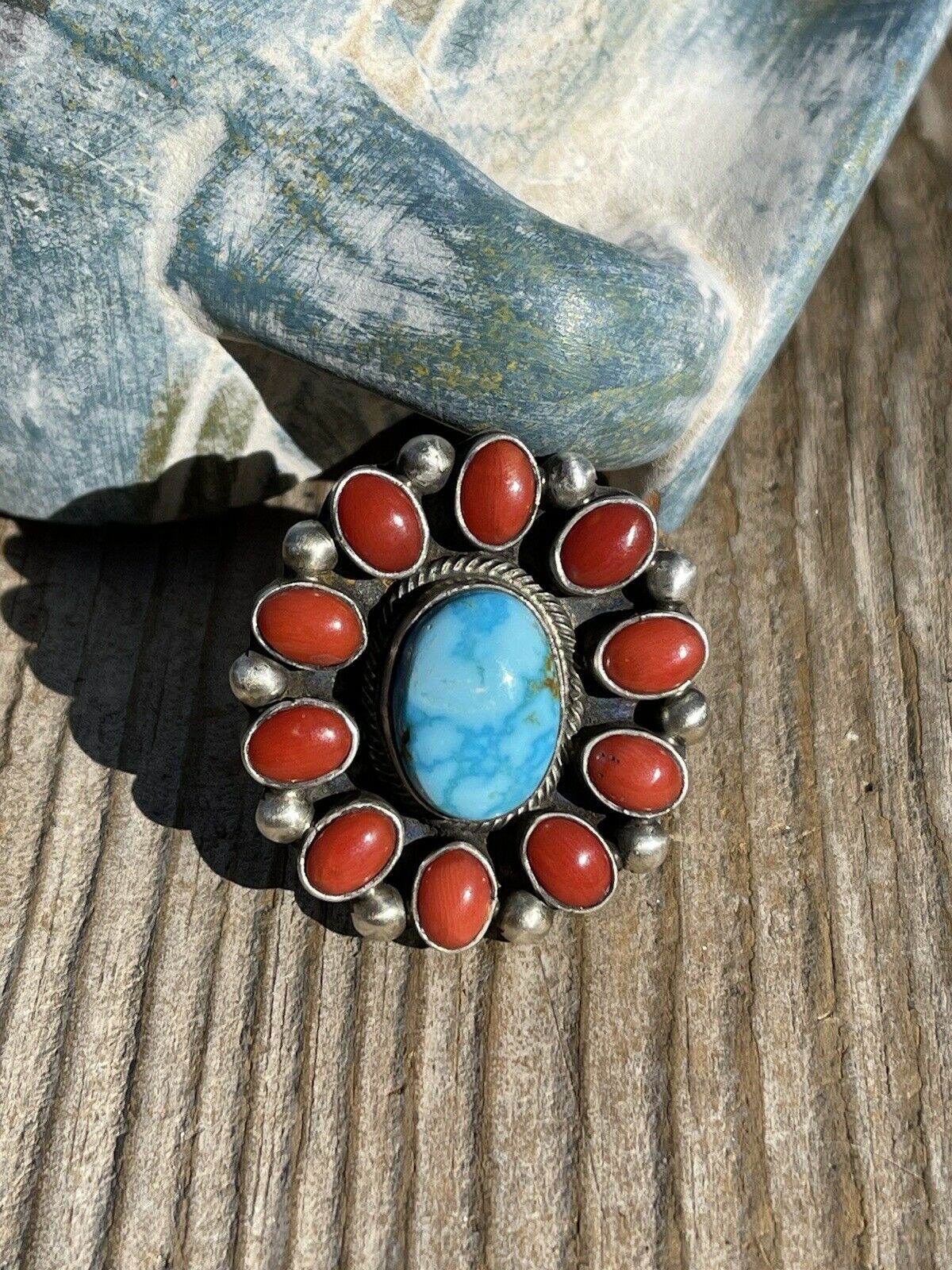 Navajo Sterling Silver Kingman Web Turquoise & Red Coral Taos Ring Sz ...