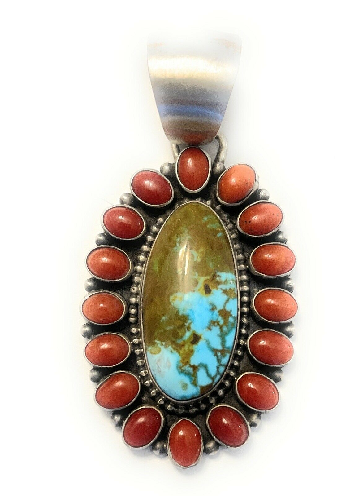 Navajo Sterling Silver Kingman Web Turquoise & Red Coral Taos Cluster ...