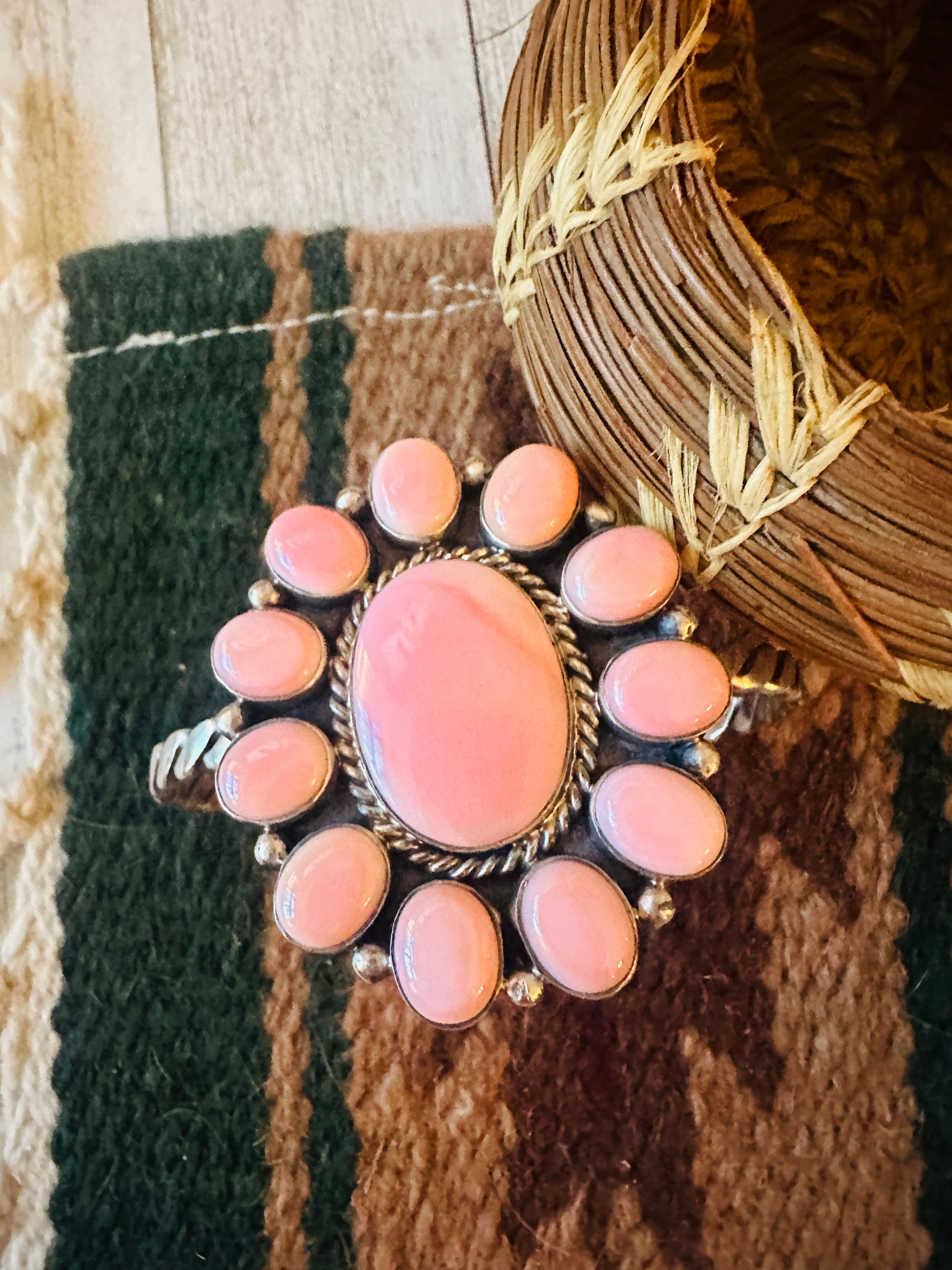 Navajo Queen Pink Conch Shell & Sterling Silver Cluster Cuff Bracelet ...