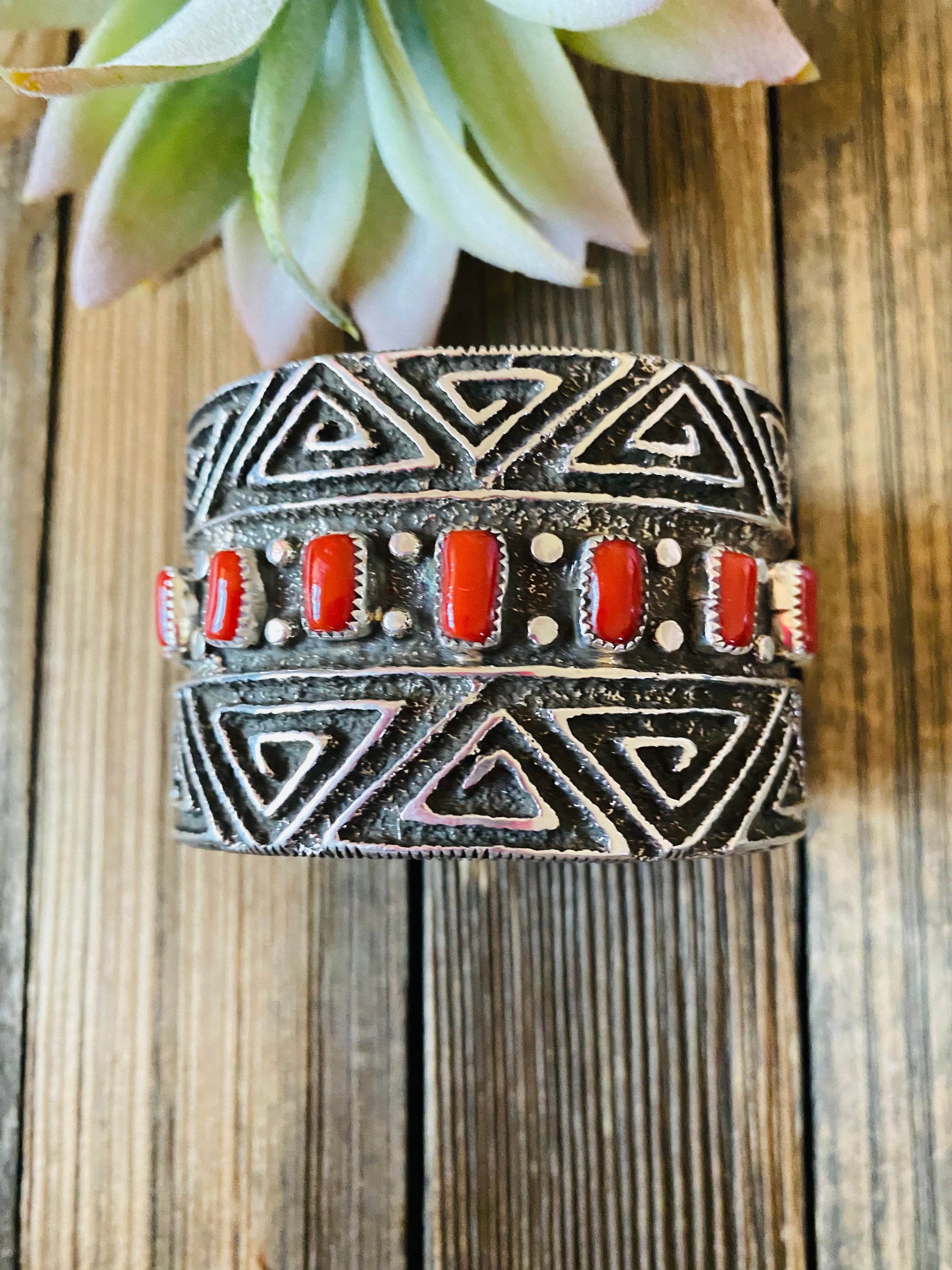 Navajo Coral & Sterling Silver Cuff Bracelet By Steve Arviso – A ...