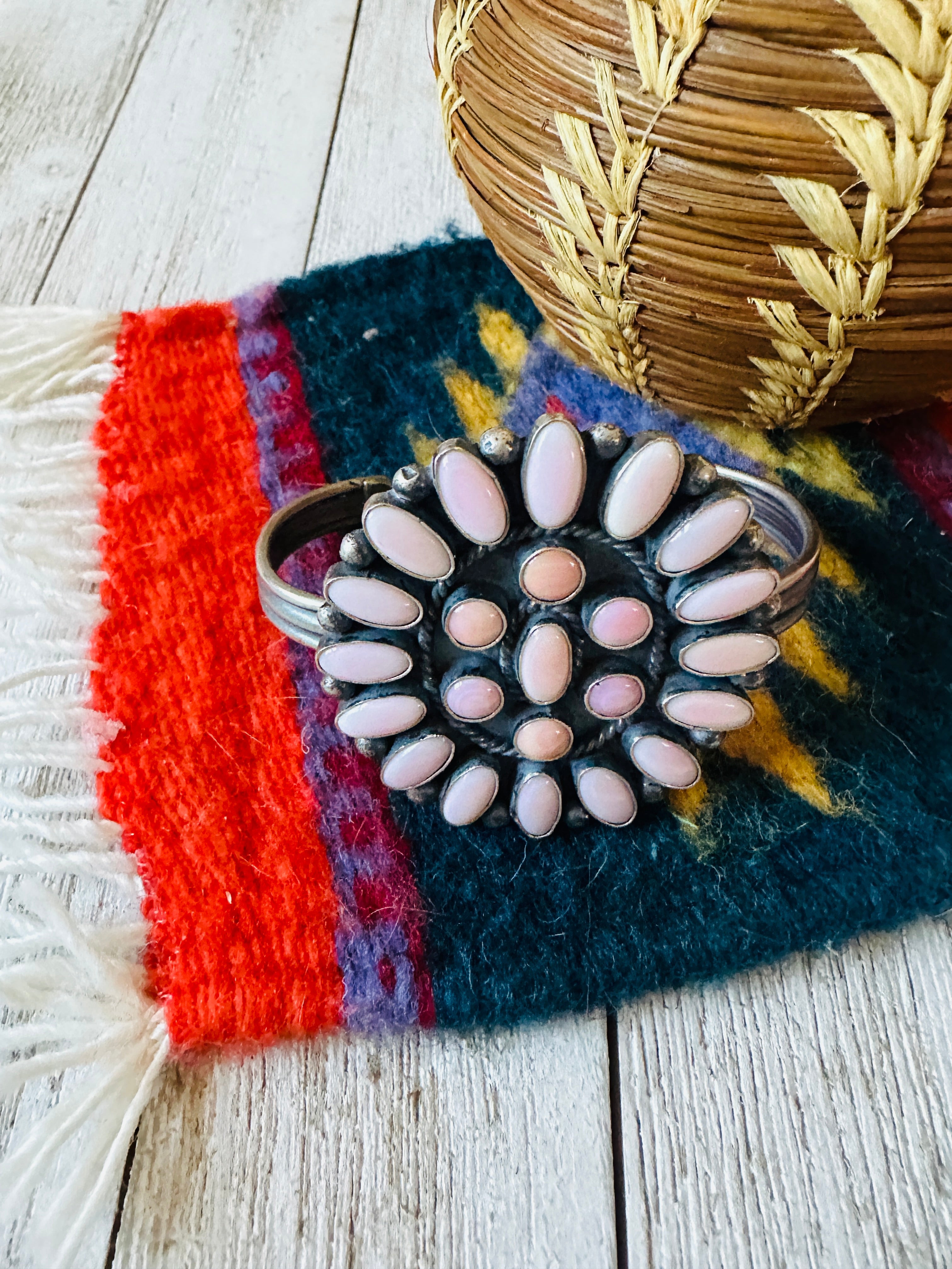 Navajo Queen Pink Conch Shell & Sterling Silver Cluster Cuff Bracelet ...