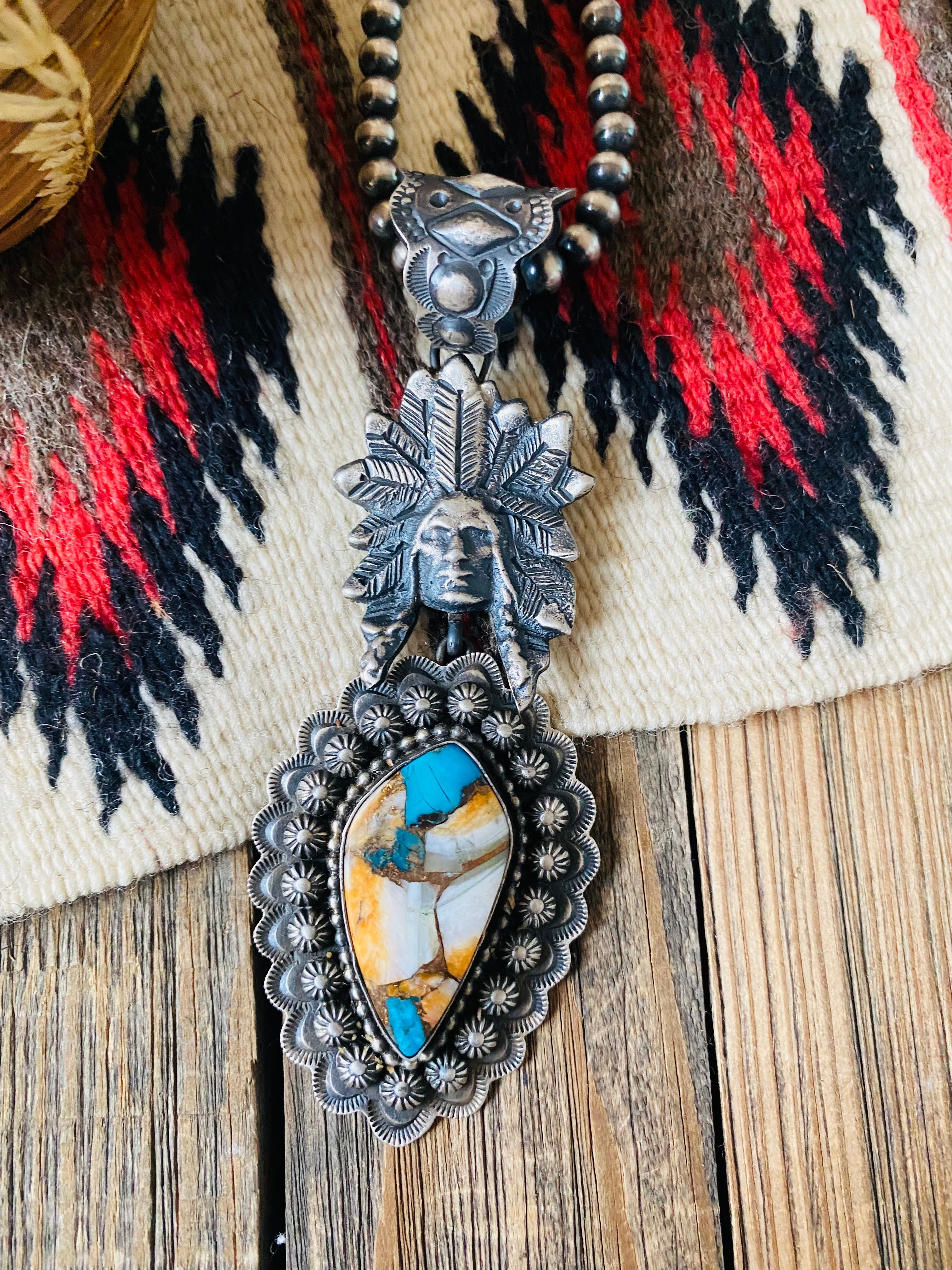 Navajo Sterling Multi Stone Spice & Sterling Silver Indian Chief Penda ...
