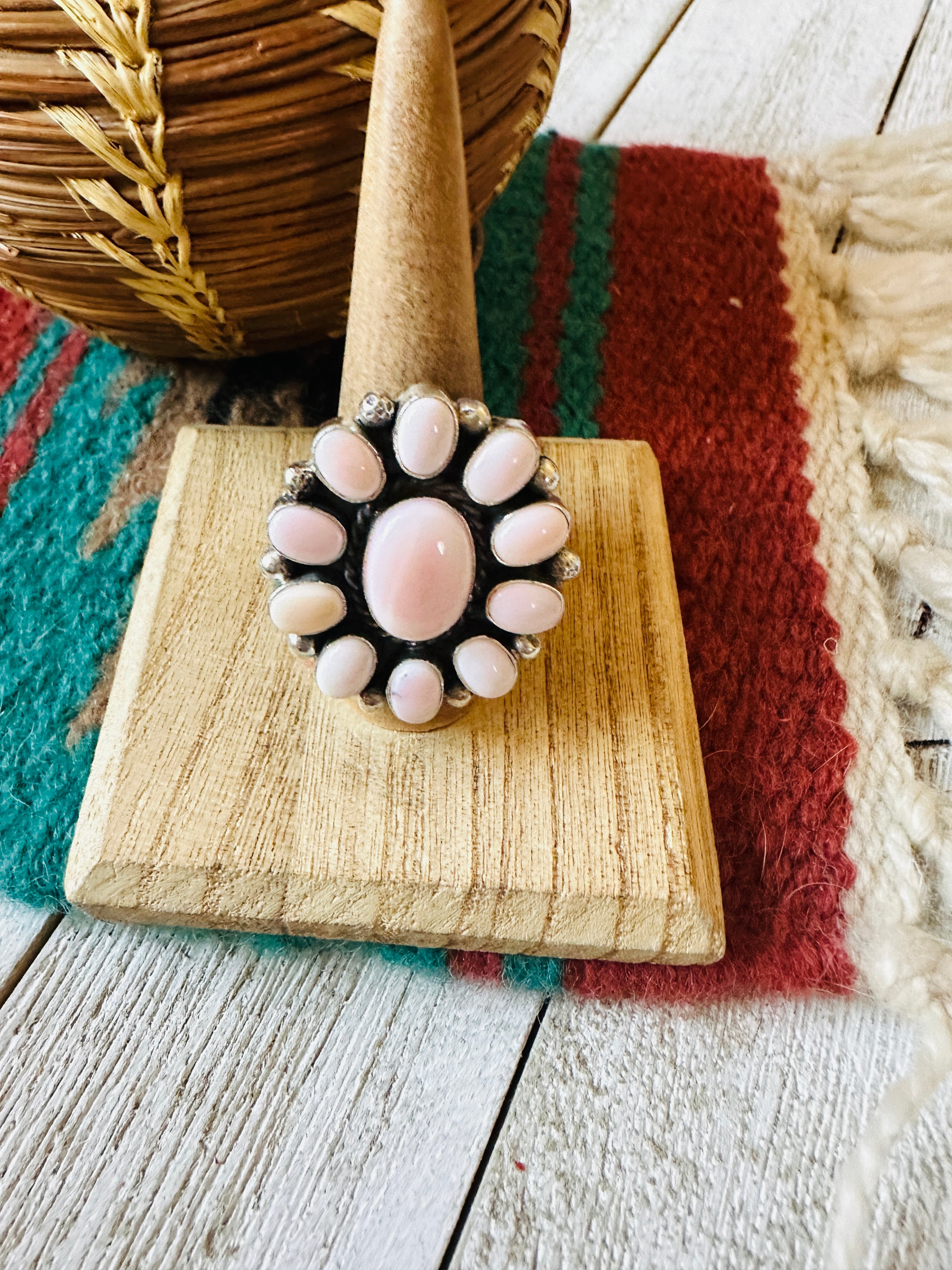 Navajo Sterling Silver & Queen Pink Conch Cluster Adjustable Ring – A ...