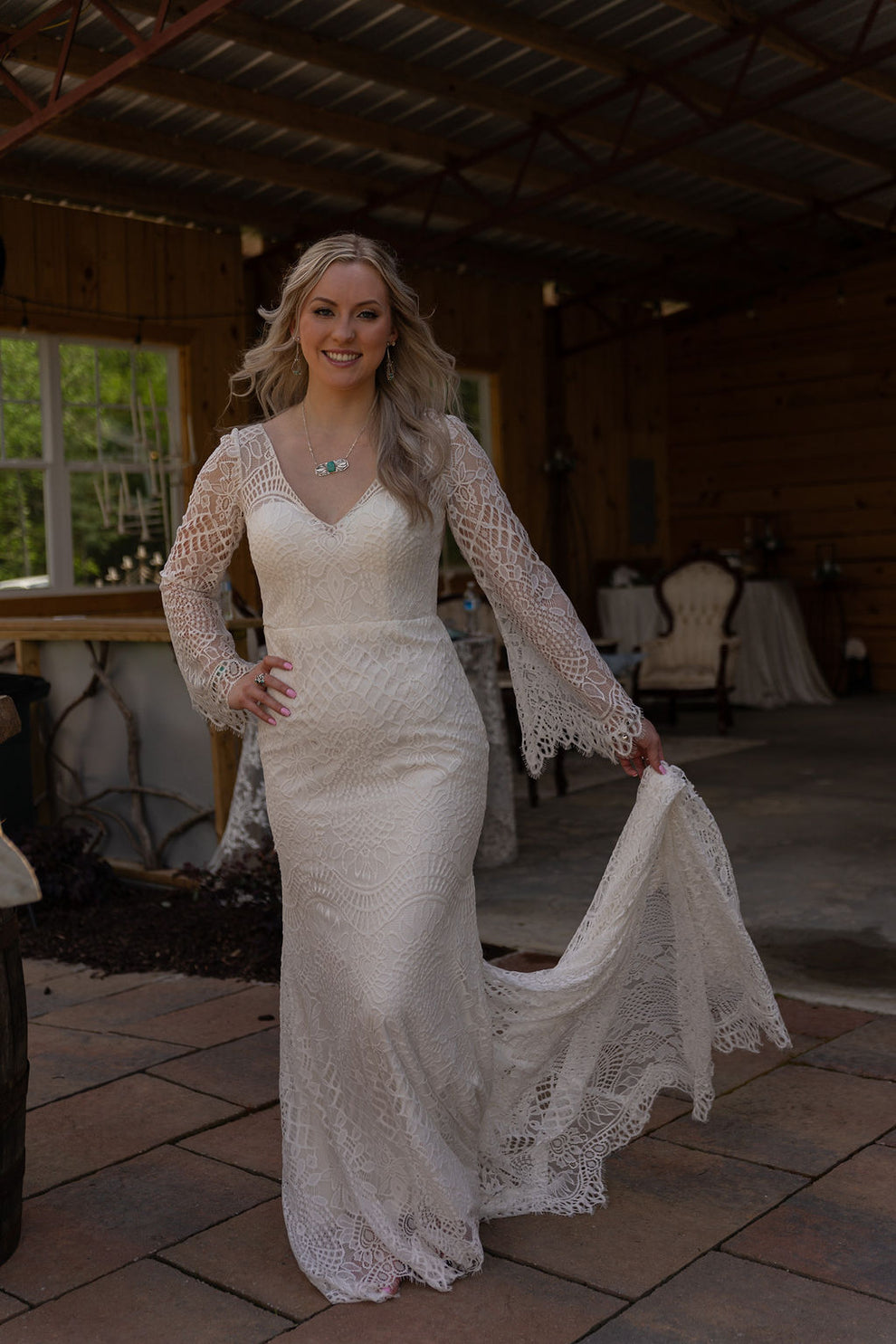 The Jolene Gown– Custom Boho Lace Western Wedding Dress with Bell Slee ...