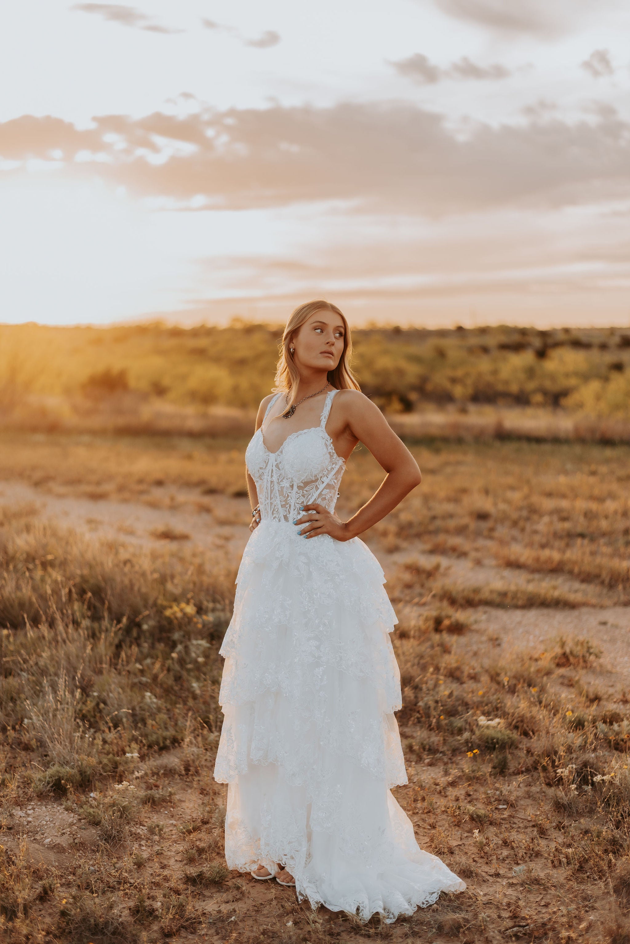 The Harlow Gown – Romantic Tiered Lace Wedding Dress with High-Low Ski ...