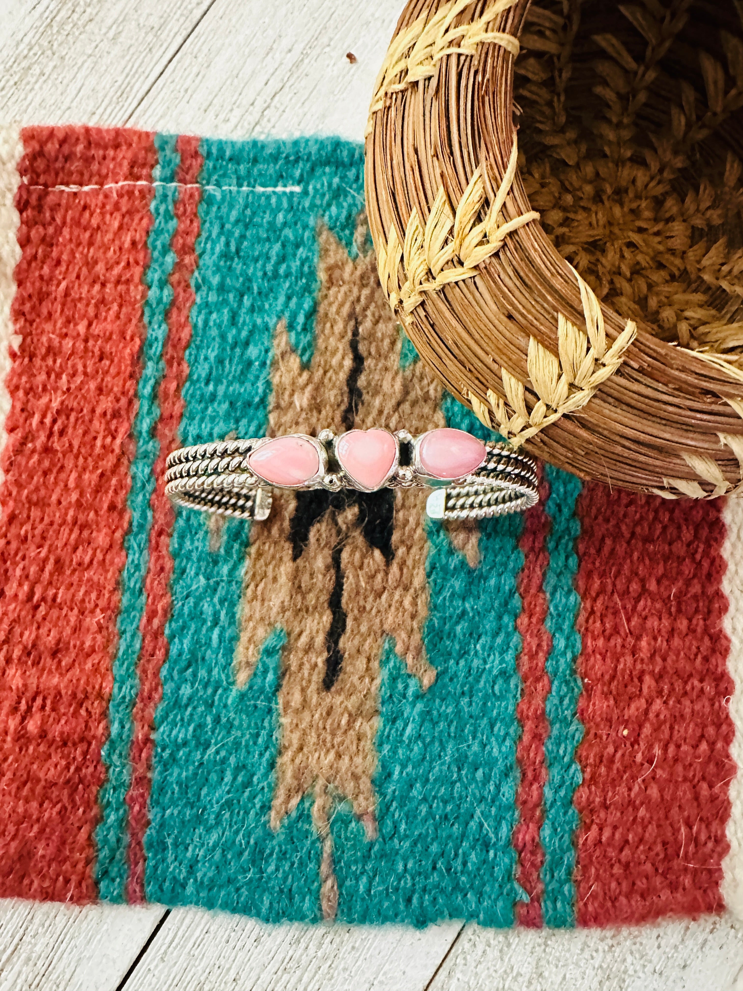 Navajo Queen Pink Conch Shell & Sterling Silver Heart Cuff Bracelet – A ...