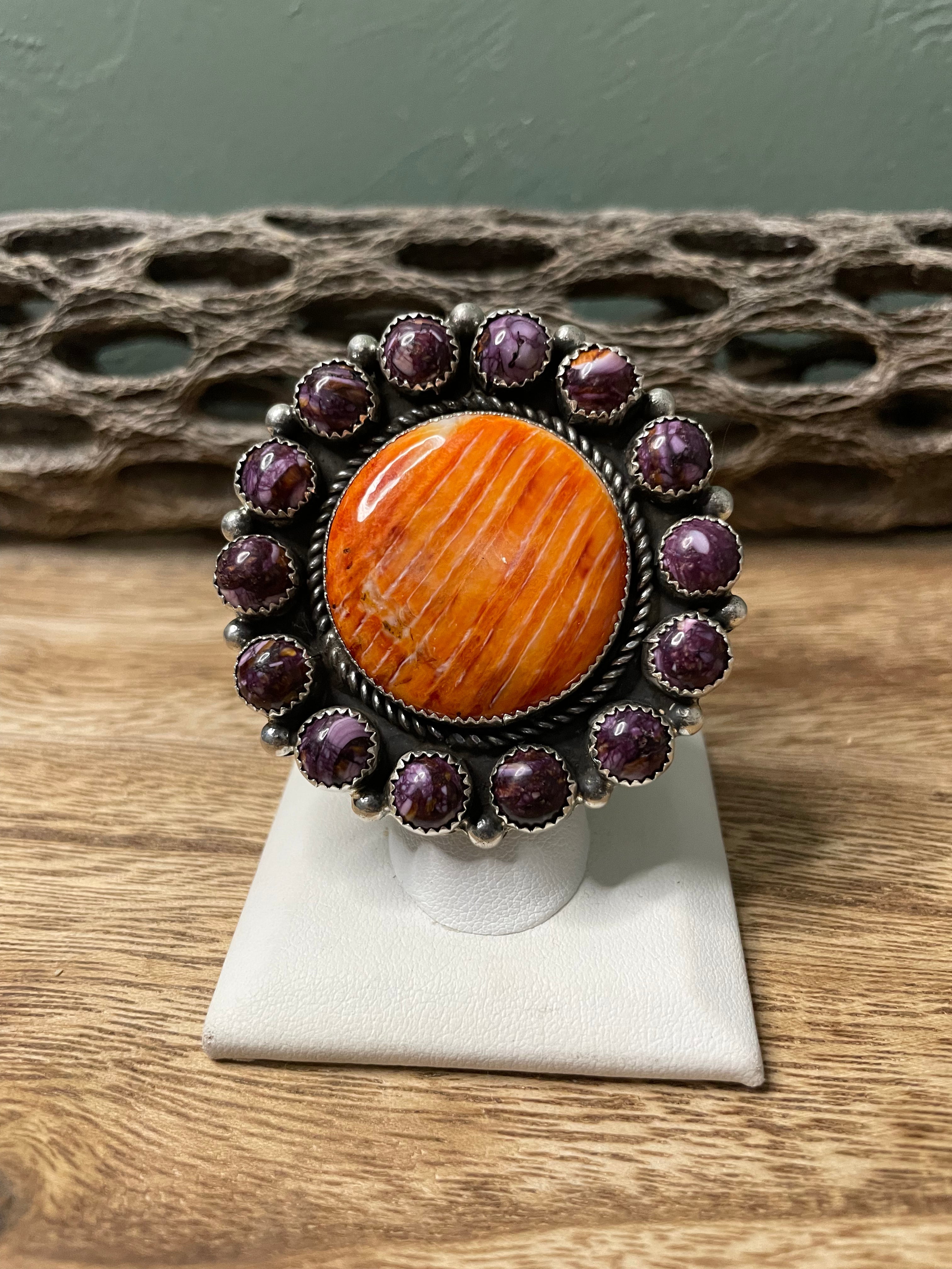Navajo Sterling Silver And Orange And Purple Spiny Adjustable Ring – A ...