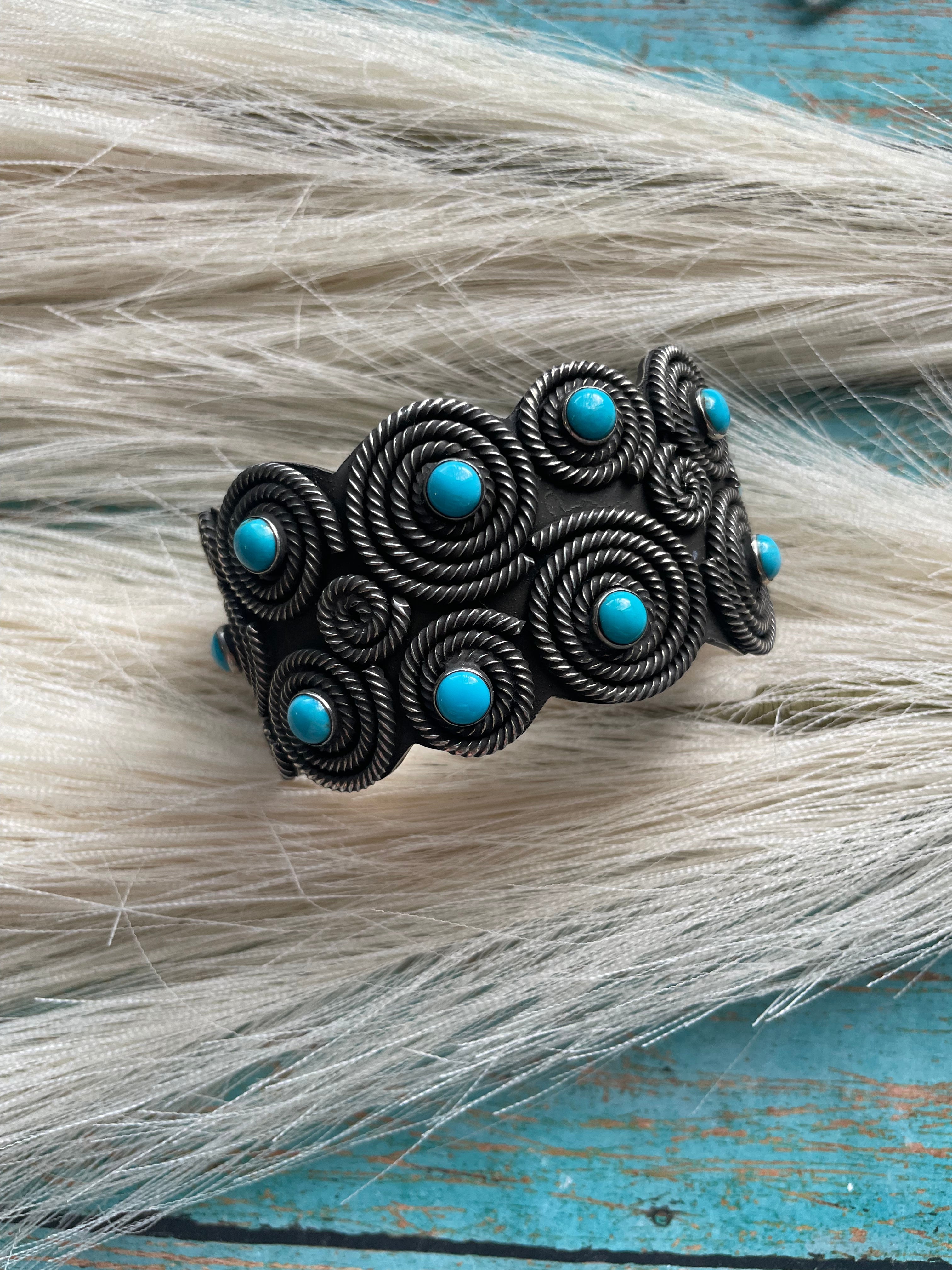 Leander Tahe Turquoise & Sterling Silver Spiral Navajo Bracelet Signed ...