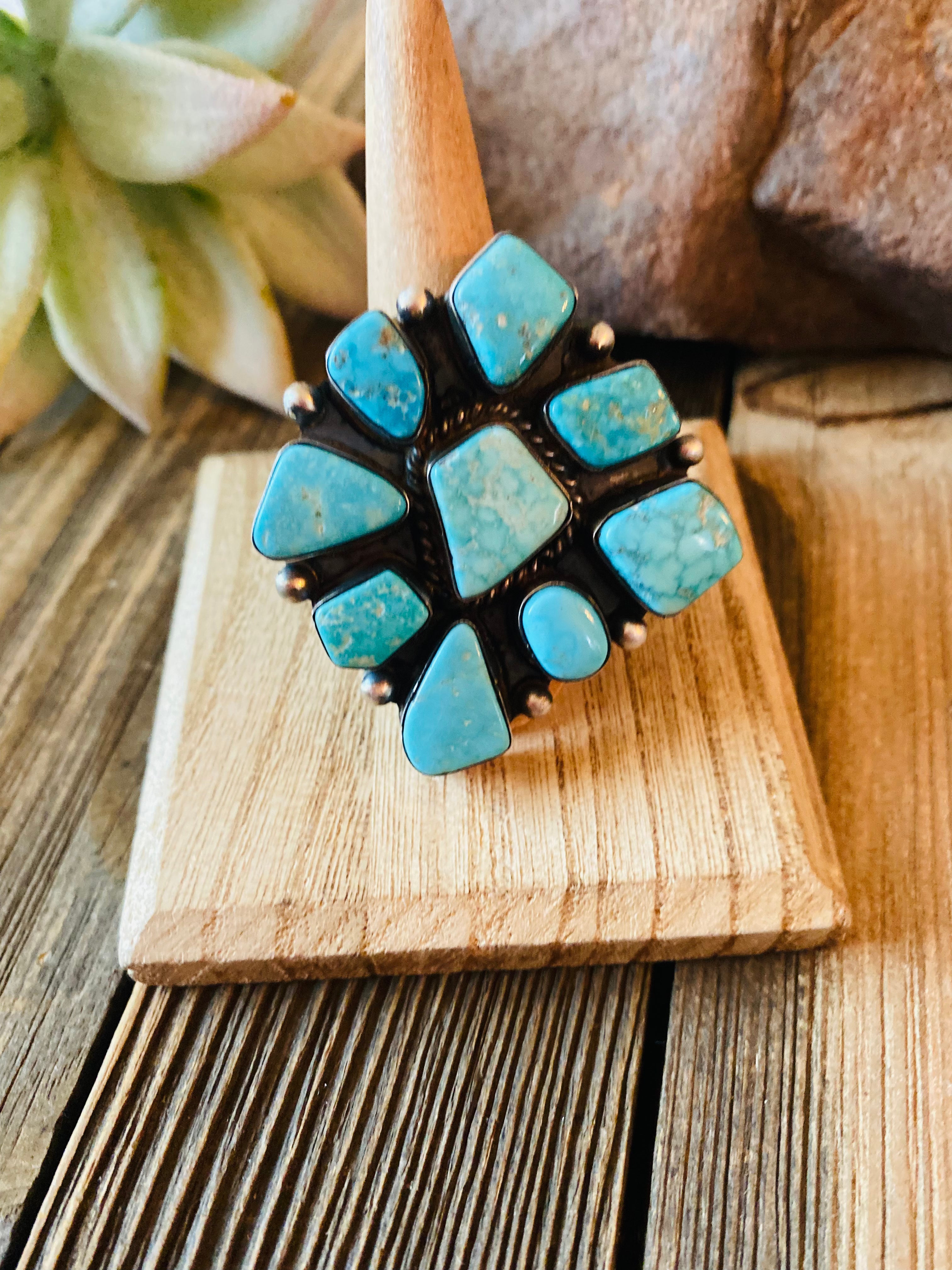 Navajo Kingman Turquoise & Sterling Silver Cluster Ring Size 9 – A ...